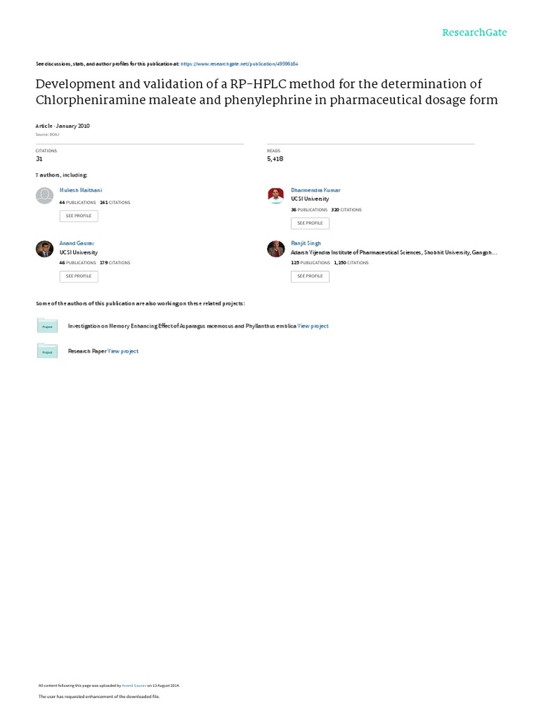 RP-HPLC Method for Chlorpheniramine | PDF | Detection Limit | High ...