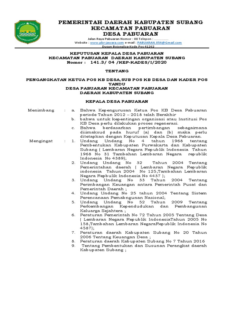 Kepdes Pos KB & Sub Pos KB Desa & Kader Desa Pemerintah Kabupaten ...