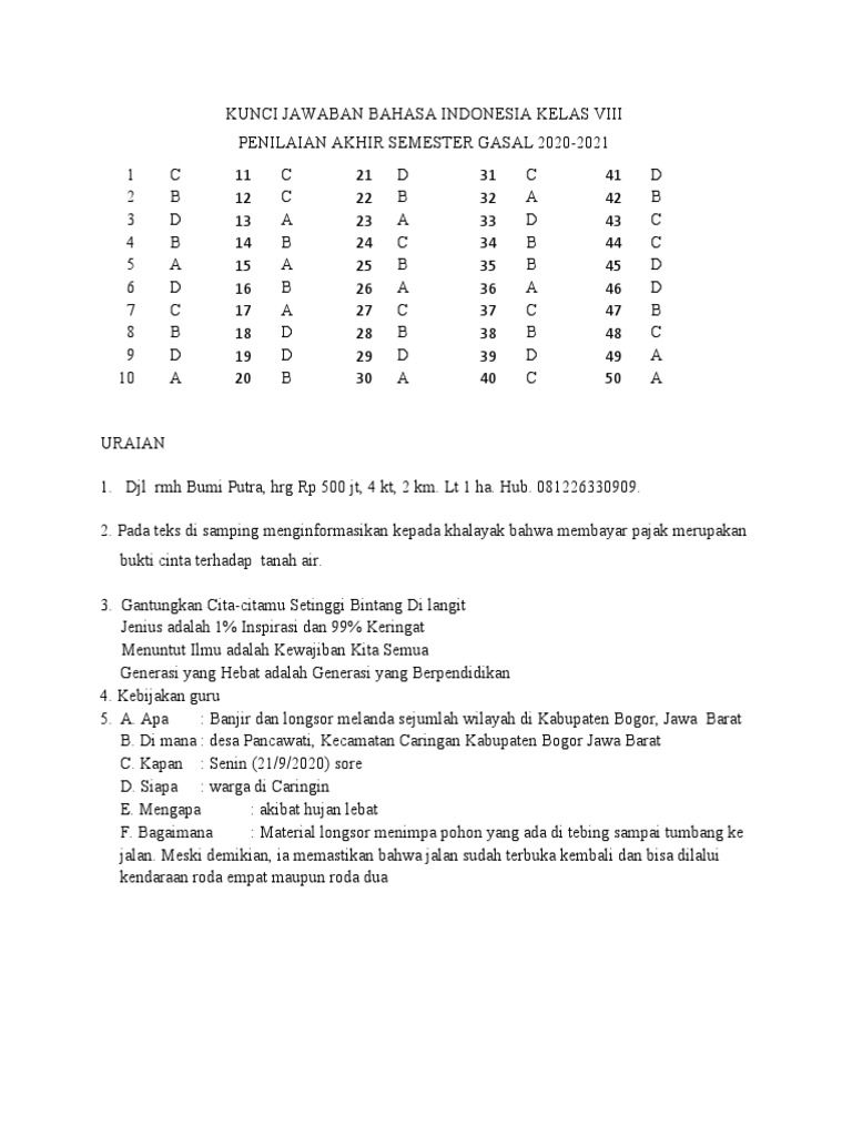 Kunci Jawaban Pas B. Indo Kls 8 2020 | PDF