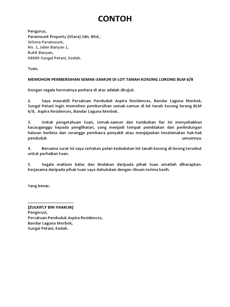 Contoh Surat Aduan Semak Samun | PDF