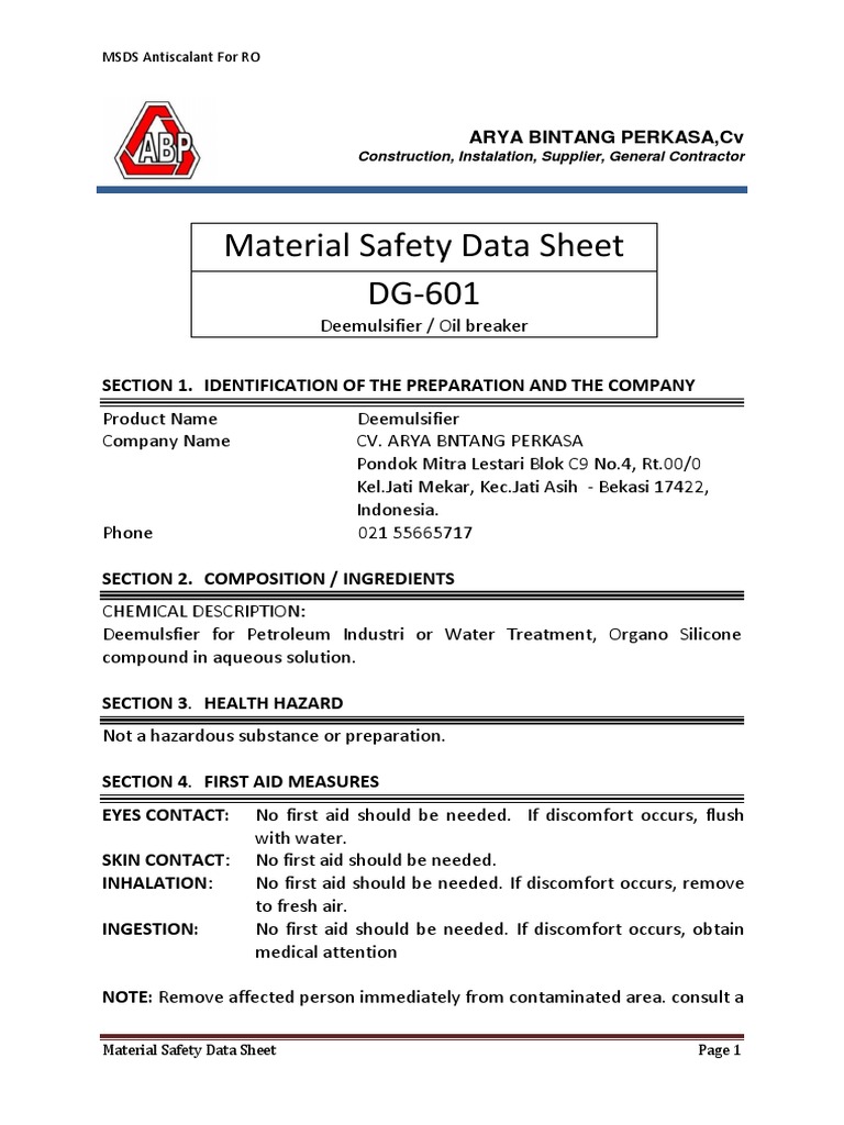 MSDS Antiscalant For RO Deemulsifier | PDF | Dangerous Goods | Toxicity