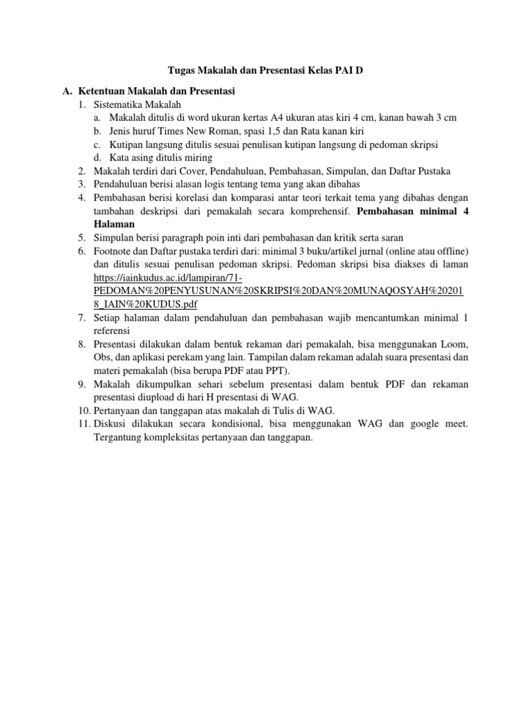 Tugas Makalah Dan Pembagian Kelompok Kelas PAI D | PDF