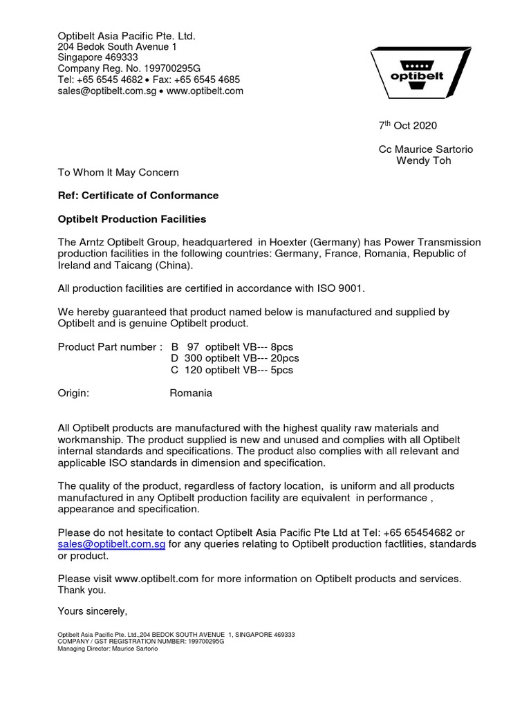Ref: Certificate of Conformance Optibelt Production Facilities | PDF ...