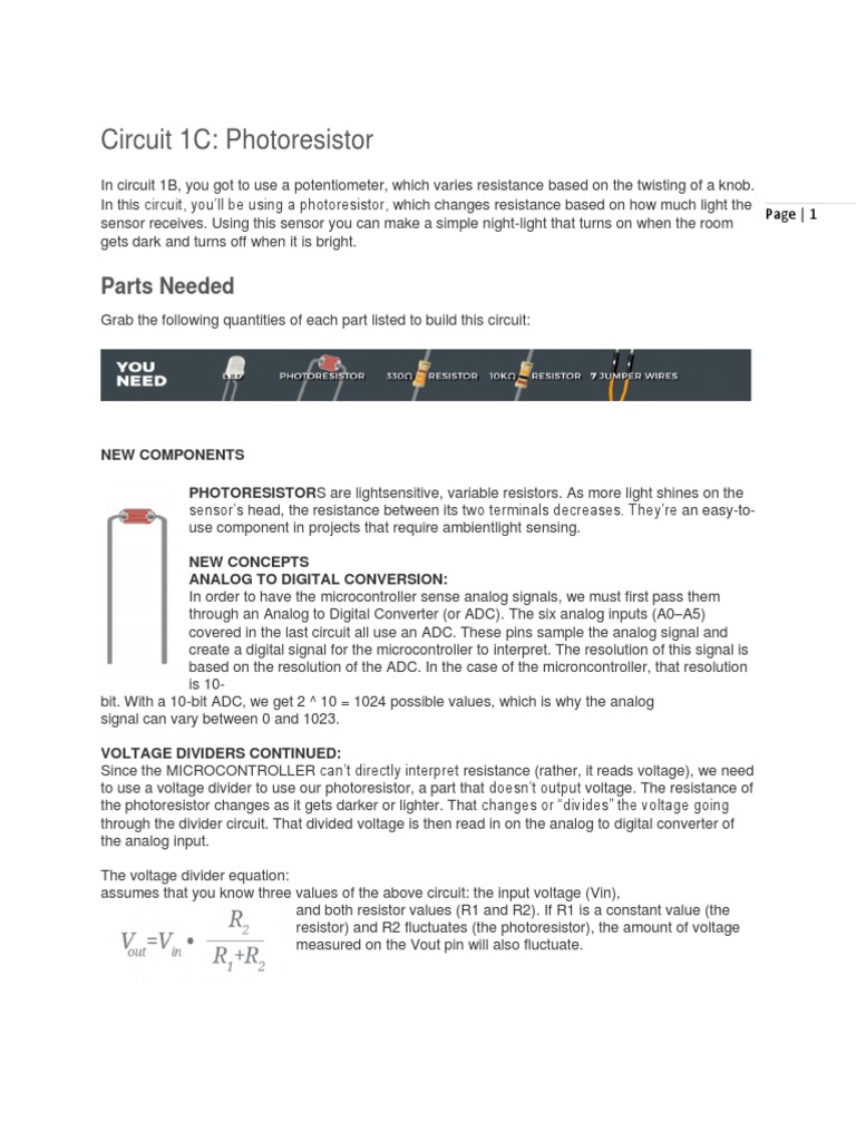 Circuit 1C: Photoresistor: Parts Needed | PDF | Analog To Digital ...