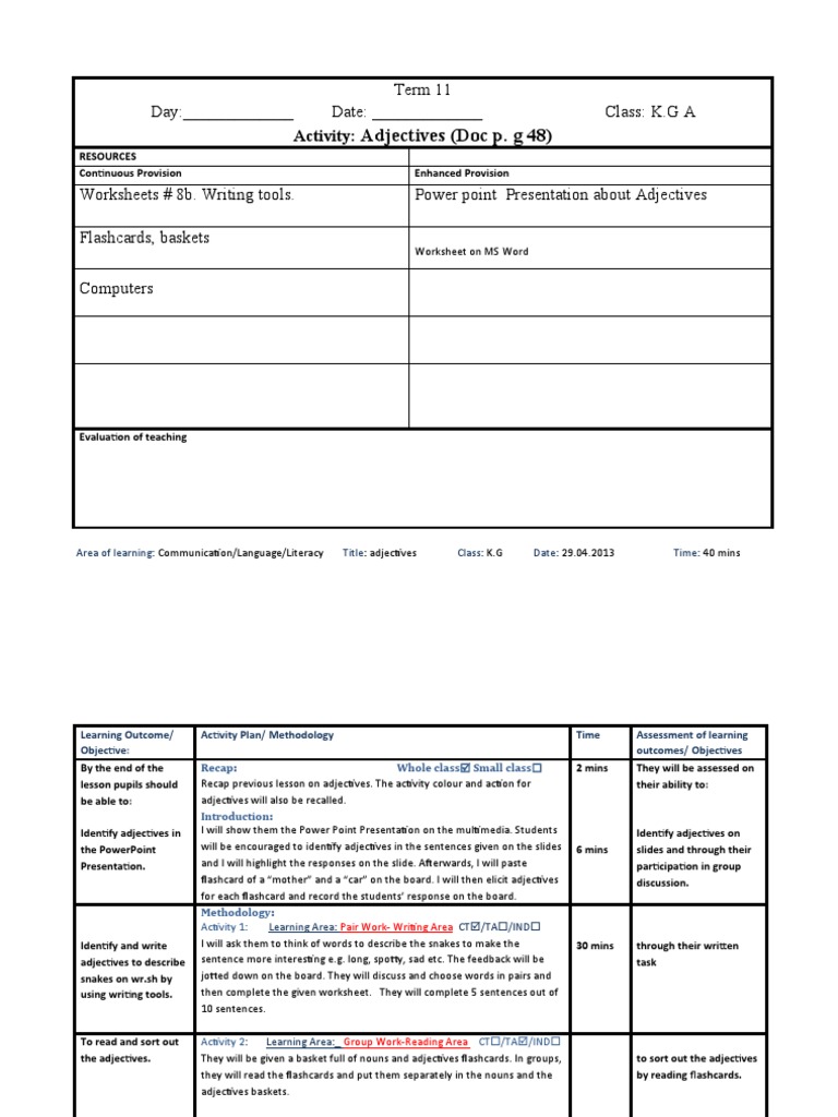 CLL Lesson Plan - KG - Adjectives - SGO-II BNR - Tabinda Kiran | PDF | Adjective | Lesson Plan