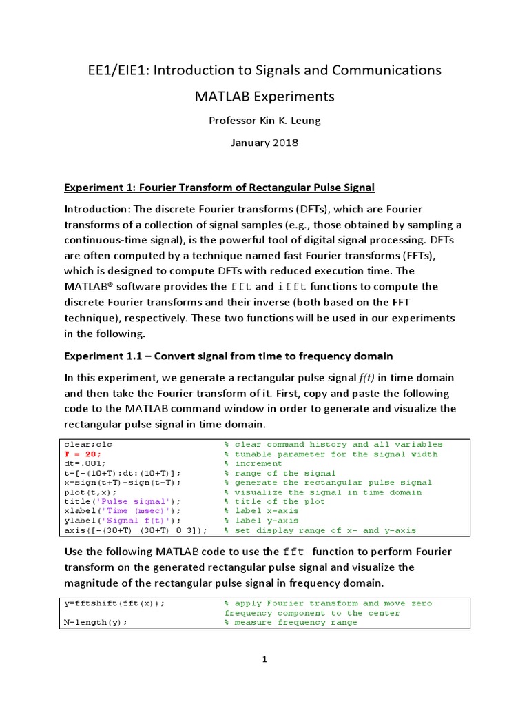 EE1/EIE1: Introduction To Signals and Communications MATLAB Experiments ...
