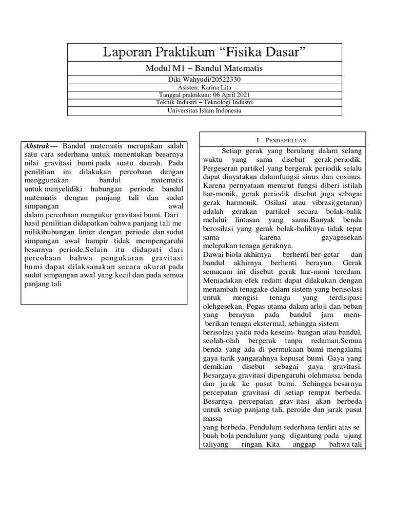 Laporan Praktikum "Fisika Dasar": Modul M1 - Bandul Matematis | PDF