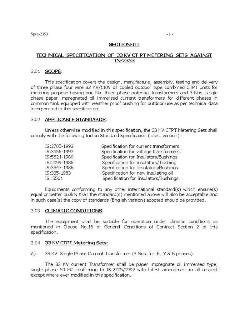2353 - Specification - 33kV CT and PT | PDF | Transformer | Insulator ...