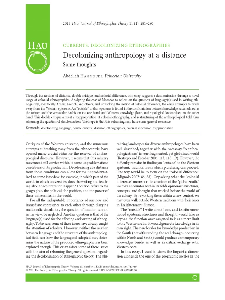 Abdellah Hammoudi - Decolonizing Anthropology at A Distance | PDF | Ethnography | Anthropology