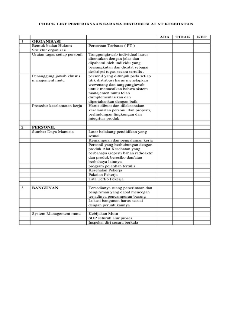 Check List Pemeriksaan Sarana Distribusi Alat Kesehatan | PDF