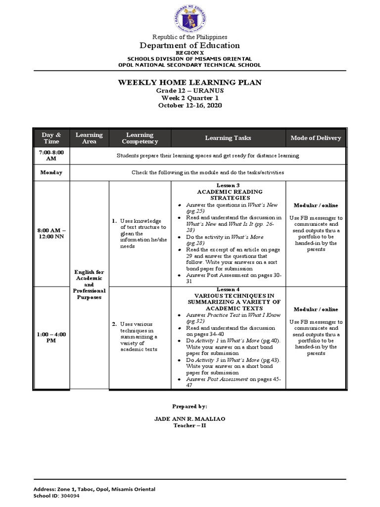 EAPP Week 2 LP Grade 12 Uranus | PDF | Applied Psychology | Educational ...