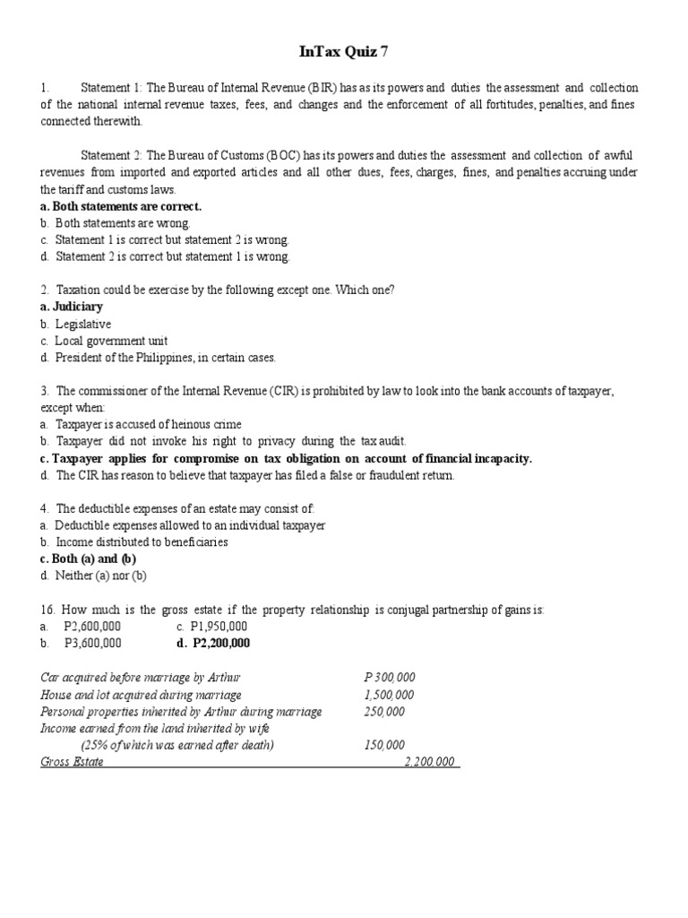 InTax Quiz 7: BIR and BOC Powers | PDF