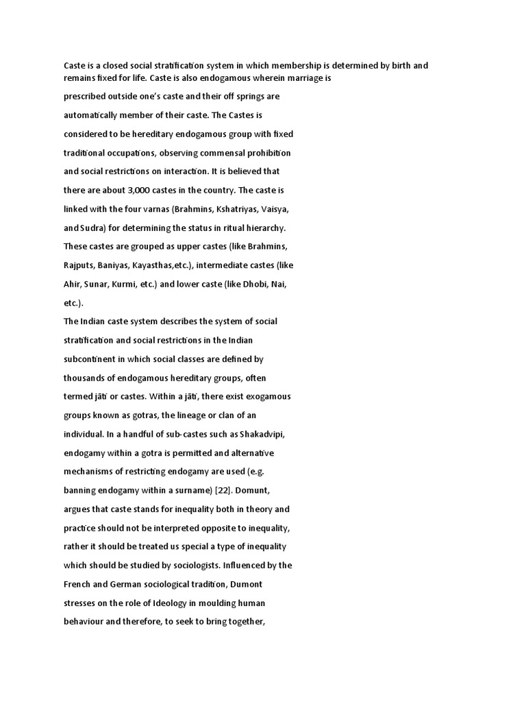 Caste Is A Closed Social Stratification System in Which Membership Is ...