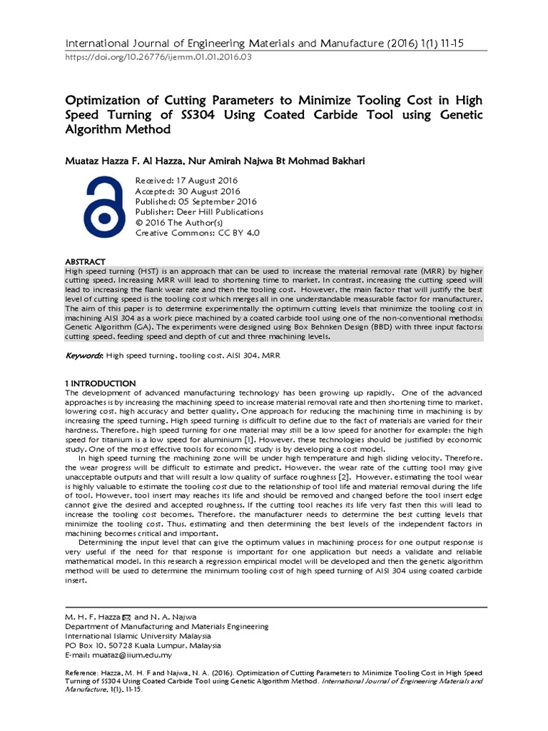 Optimization Of Cutting Parameters To Minimize Too Pdf Machining