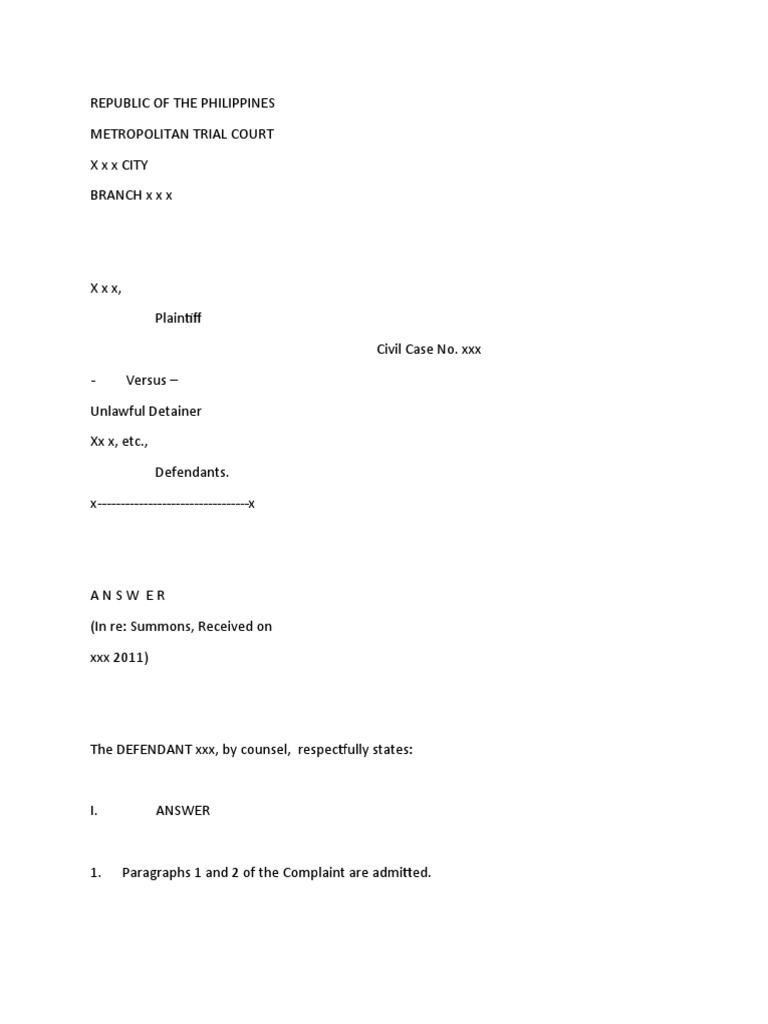 Sample - Answer - Ejectment | PDF | Lawsuit | Complaint