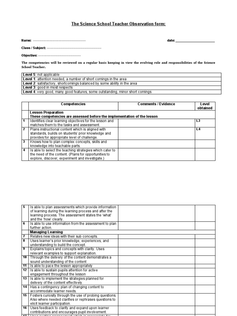 The Science School Teacher Observation Form | PDF | Educational ...