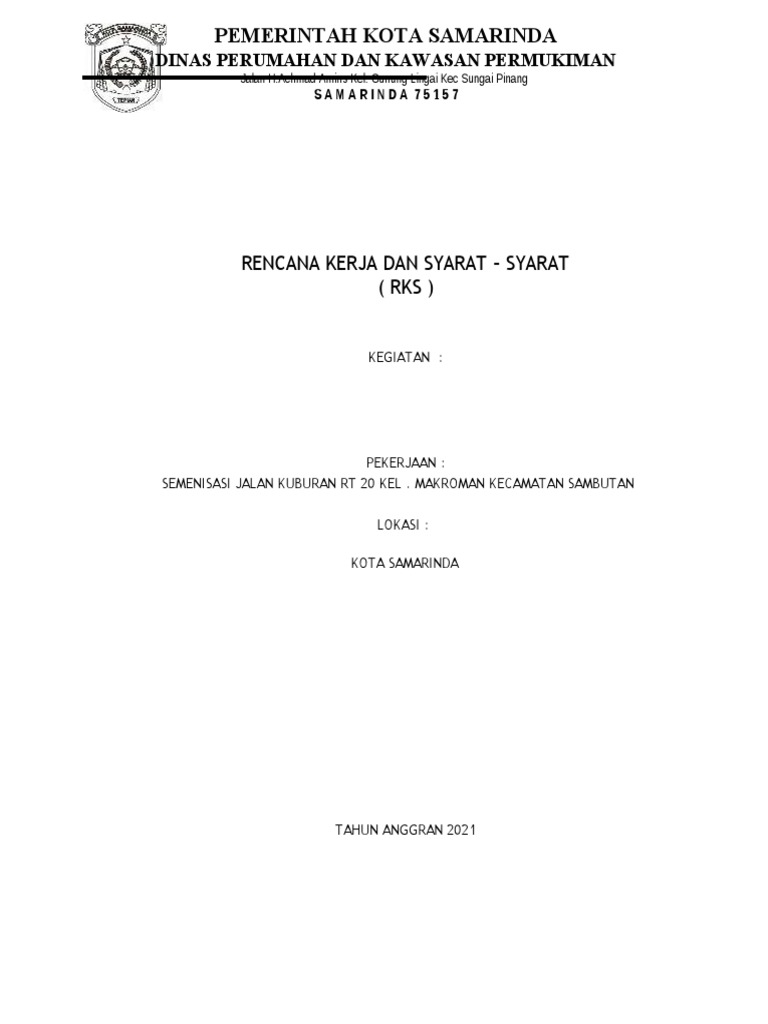 Pemerintah Kota Samarinda: Rencana Kerja Dan Syarat - Syarat (RKS) | PDF