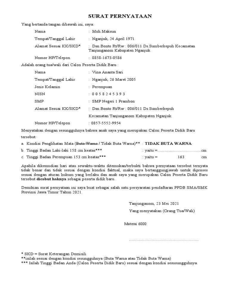 Surat Pernyataan Kesehatan PPDB 2021 | PDF