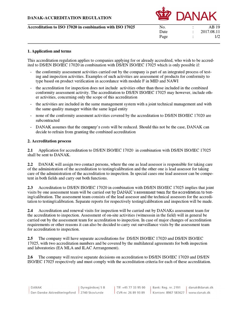 Danak-Accreditation Regulation Accreditation To ISO 17020 in Combination With ISO 17025 | PDF ...