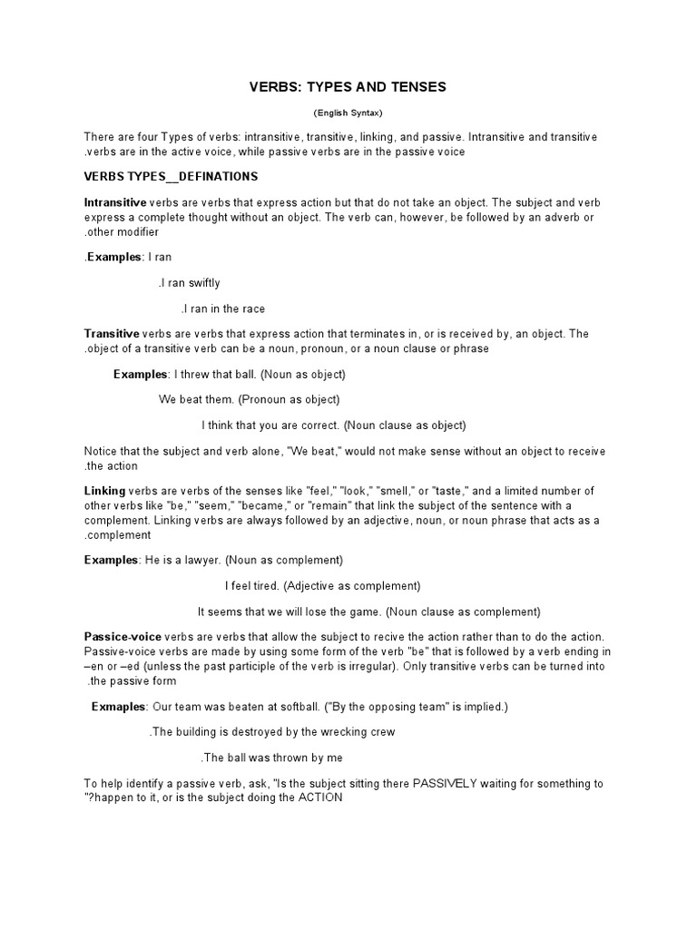 Verb Types and Tenses Guide | PDF | Language Arts & Discipline