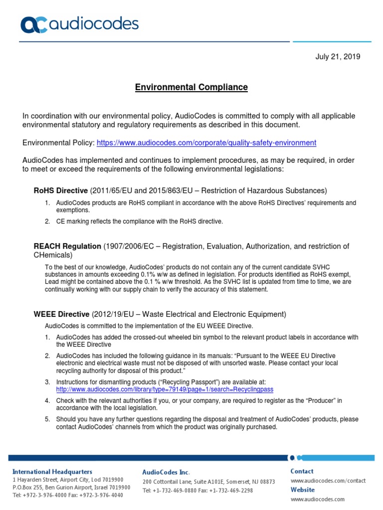 Environmental Compliance: Rohs Directive (2011/65/eu and 2015/863/eu ...