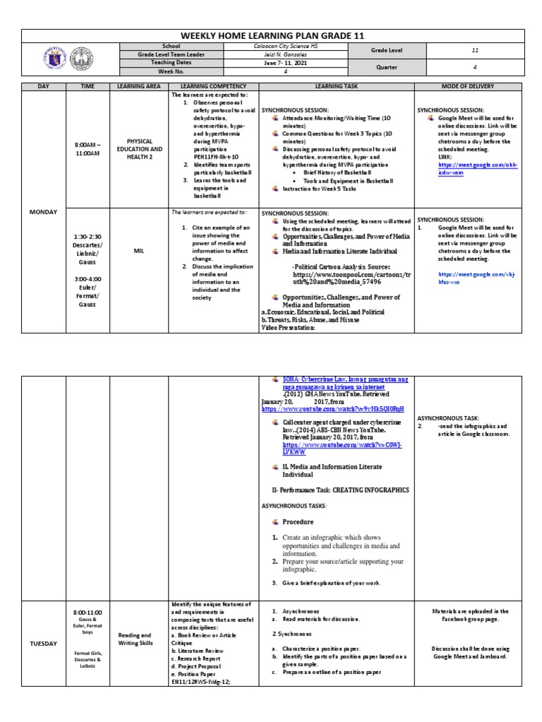 Weekly Home Learning Plan Grade 11: Caloocan City Science HS 11 Jeizl N ...