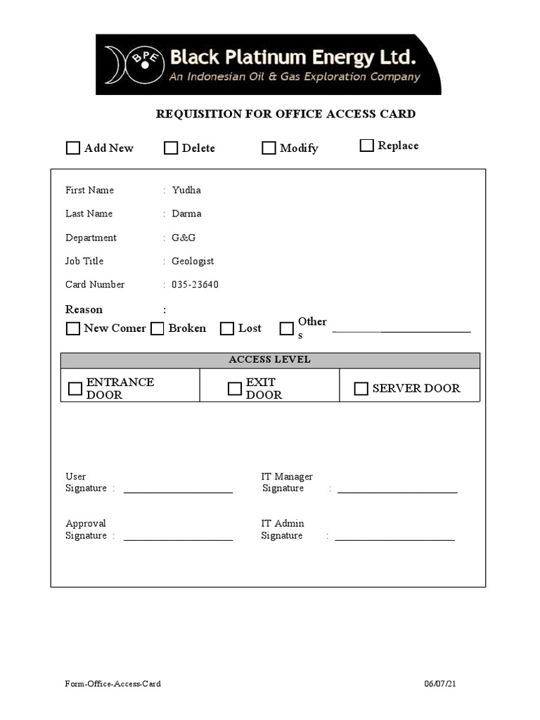 Office Access Card Request Form | PDF