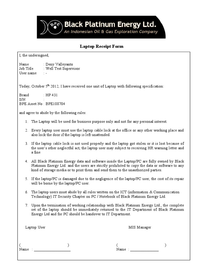 Form PC Laptop Receipt | PDF
