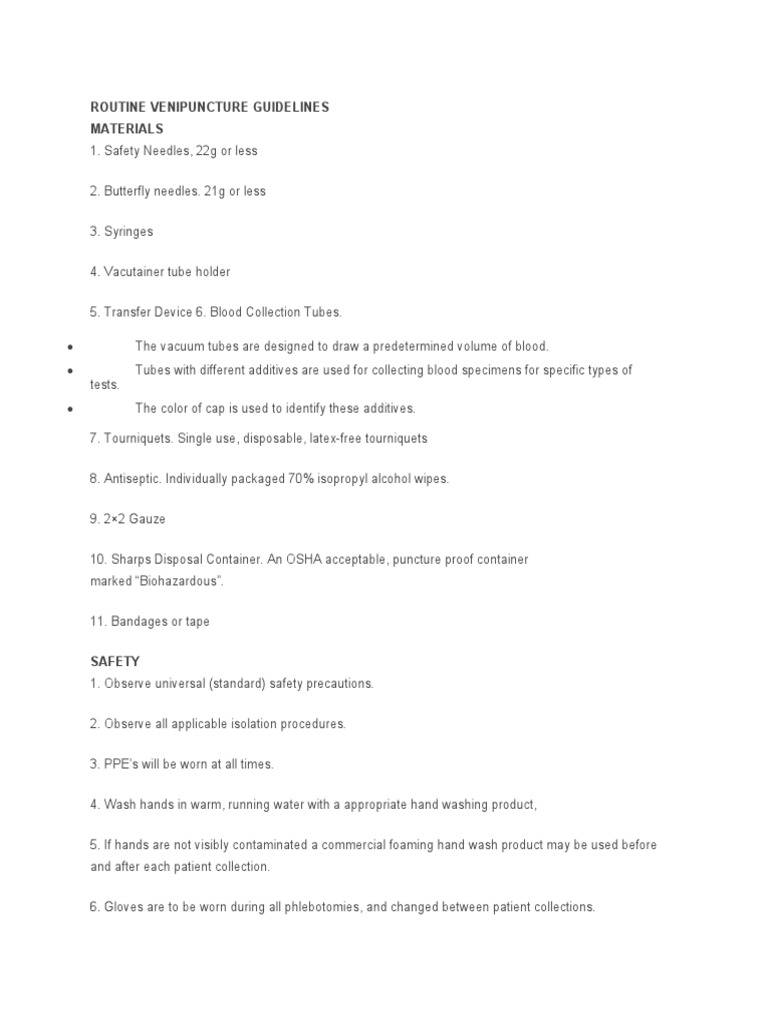 Routine Venipuncture Guidelines | PDF | Blood Plasma | Medical Specialties