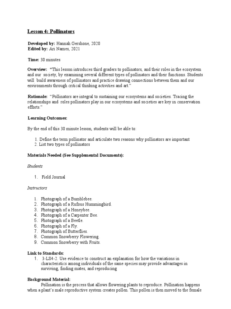 Lesson Plan 3rd Grade Pollinators | PDF | Pollination | Pollinators