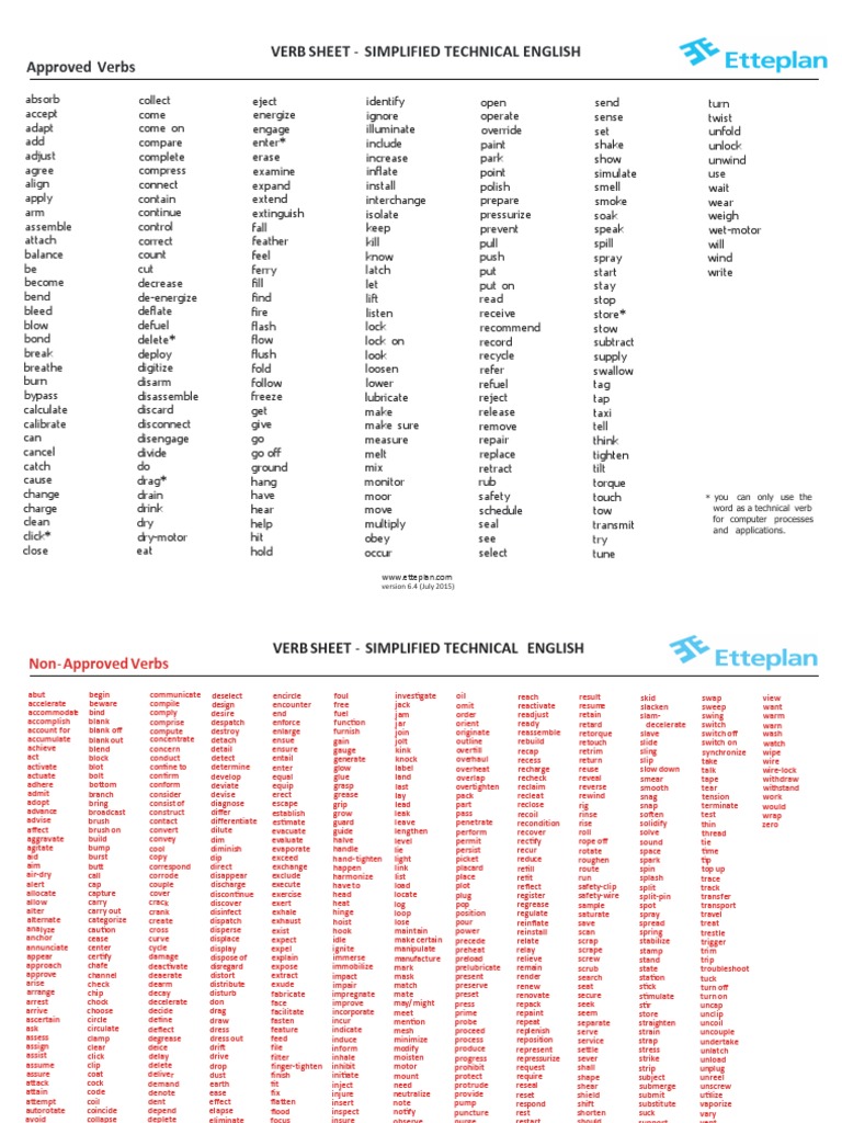 Verb Sheet Simplified Technical English - : Approved Verbs | Download ...