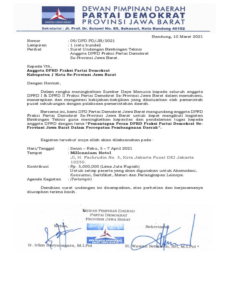 Undangan Bimtek DPRD Fraksi Partai Demokrat Se-Provinsi Jawa Barat 2021 ...