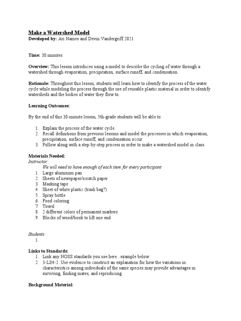 Lesson Plan 5th Grade Make A Watershed Model 1 | PDF | Stream ...