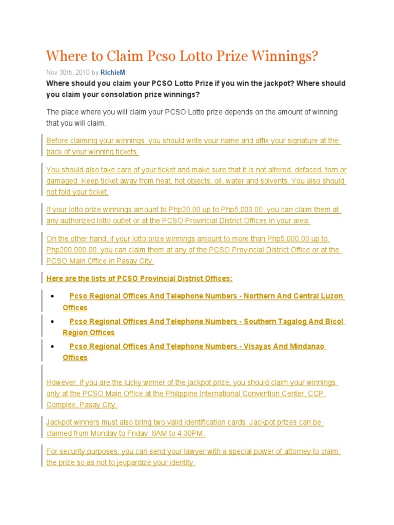 Where To Claim Pcso Lotto Prize Winnings | PDF | Lottery | Gambling Games