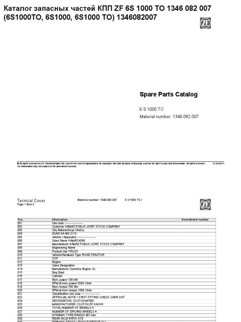 Spare Parts Catalog: 6 S 1000 TO Material Number: 1346.082.007 | PDF ...