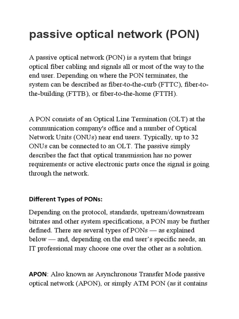 Passive Optical Network (Pon) : Different Types of Pons | PDF | Fiber ...