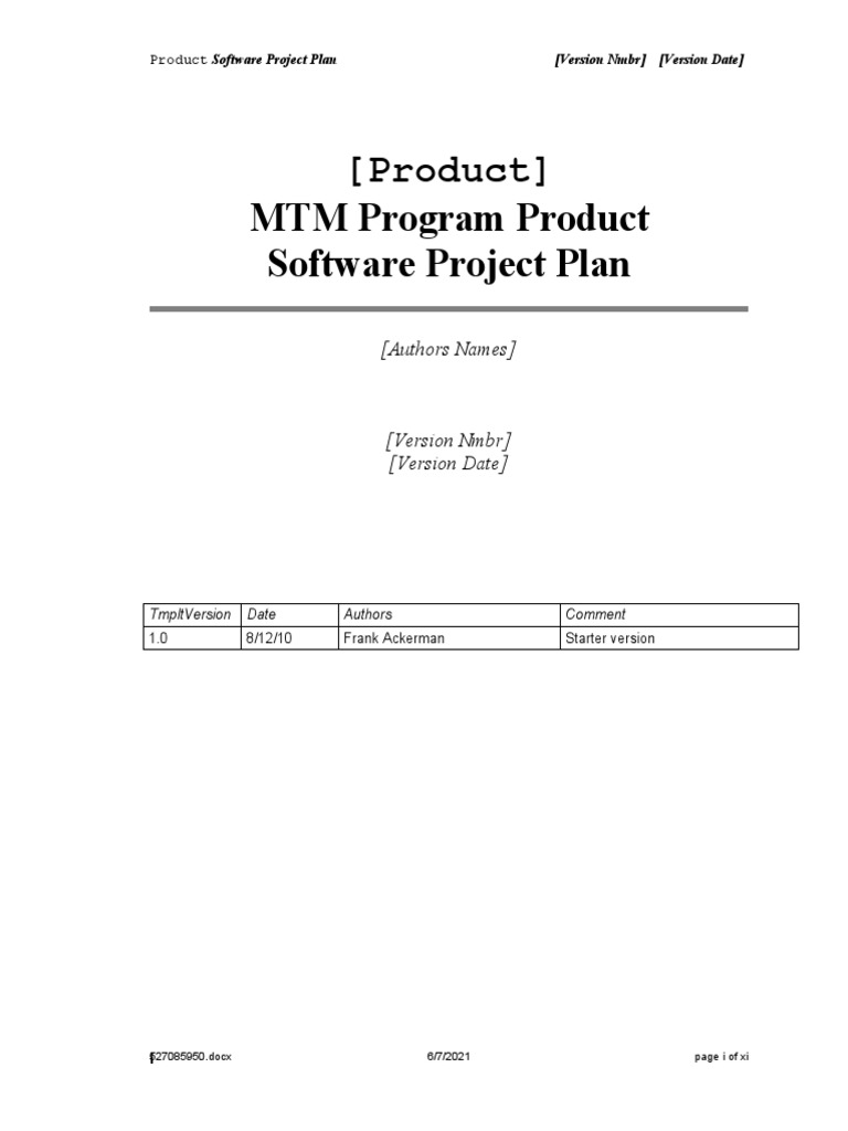 (Product) MTM Program Product Software Project Plan: (Authors Names ...