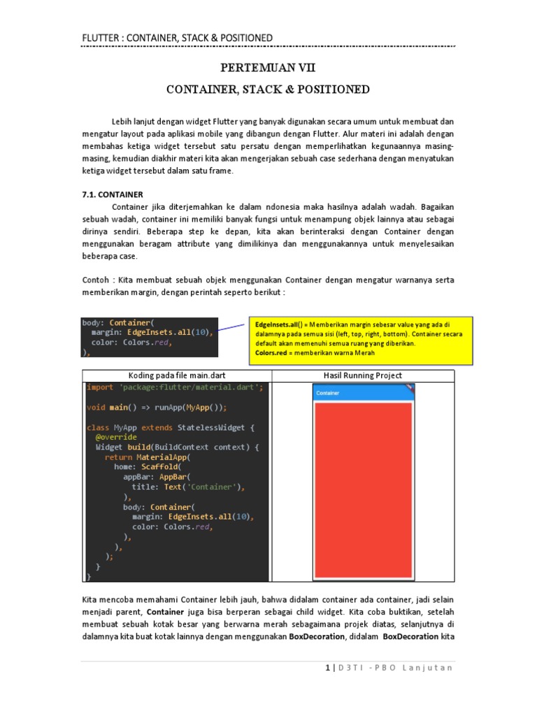 Pdf-Pert 7 - Flutter - Container, Stack Dan Positioned | PDF