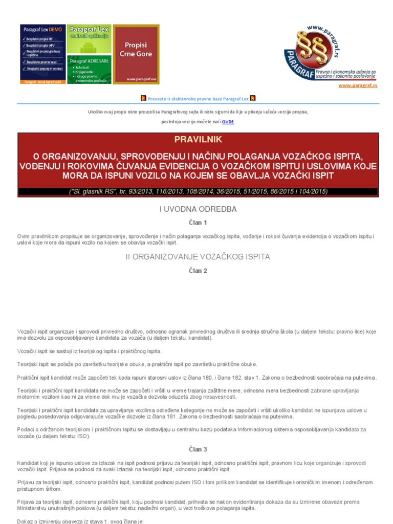 Pravilnik o Organizovanju Sprovodjenju I Nacinu Polaganja Vozackog Ispita | PDF