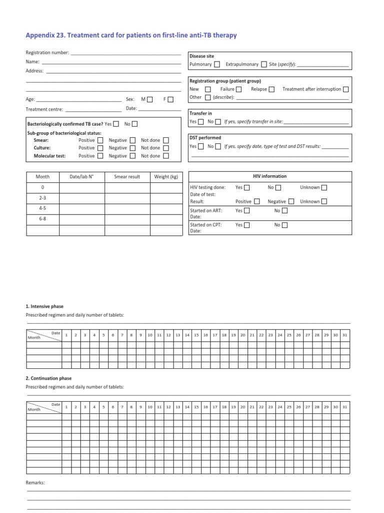 Appendix 23. Treatment Card For Patients On First-Line anti-TB Therapy ...