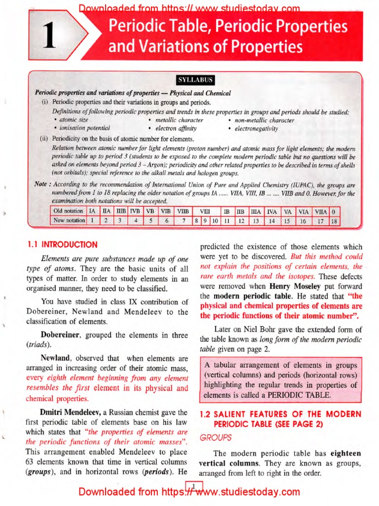 ICSE Class 10 Chemistry Chapter 01 Periodic Table Periodic Properties ...