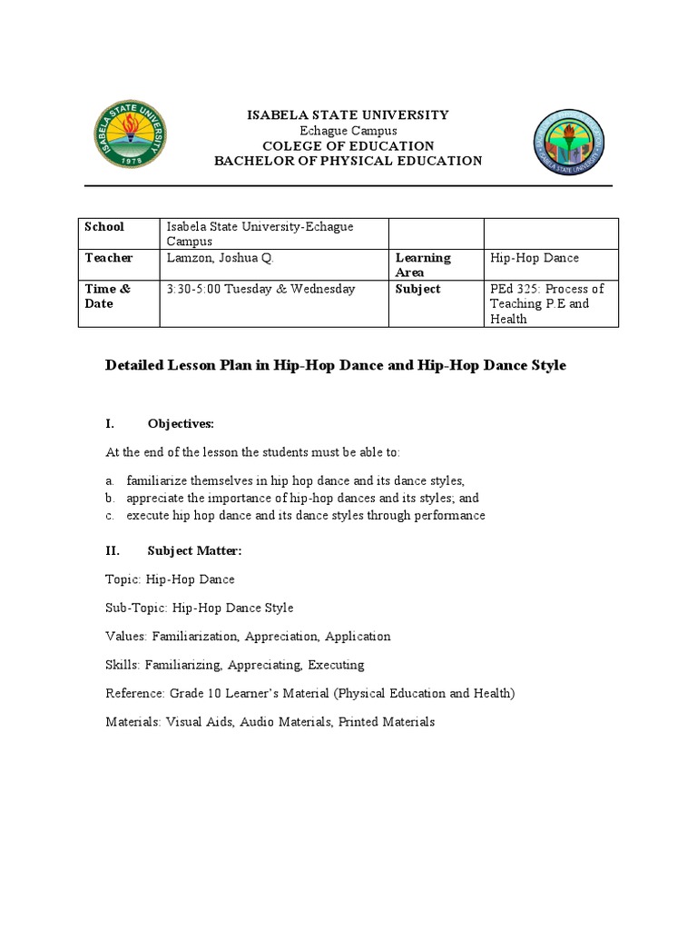 Detailed Lesson Plan in Hip-Hop Dance and Hip-Hop Dance Style | PDF ...