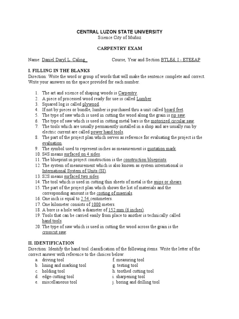 Carpentry Exam for Daniel Daryl L. Caling | PDF | Inch | Wood