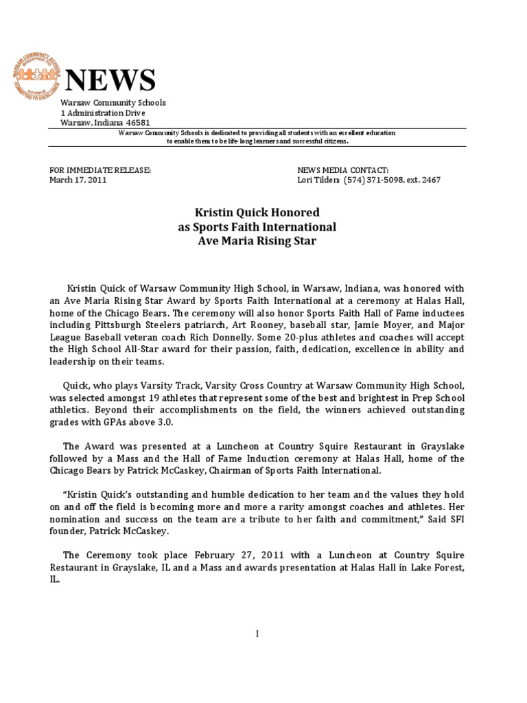 News Release - Kristin Quick 03-17-2011 | PDF | Sports