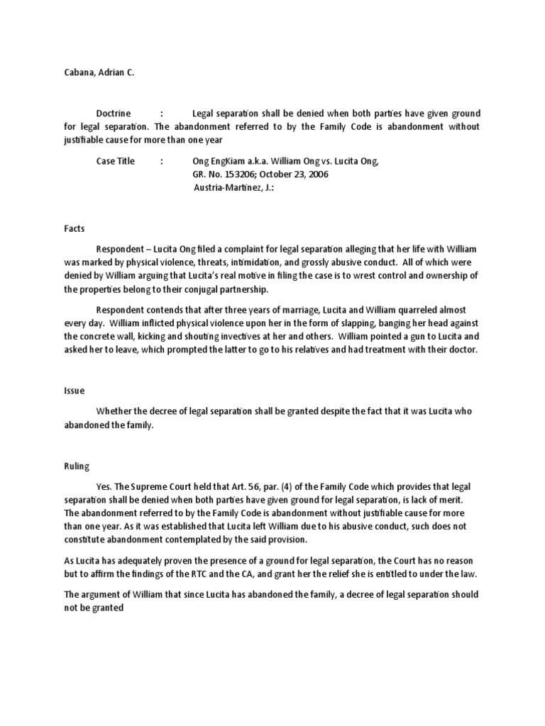 Ong Eng Kiam vs. Lucita Ong Case Summary | PDF | Law