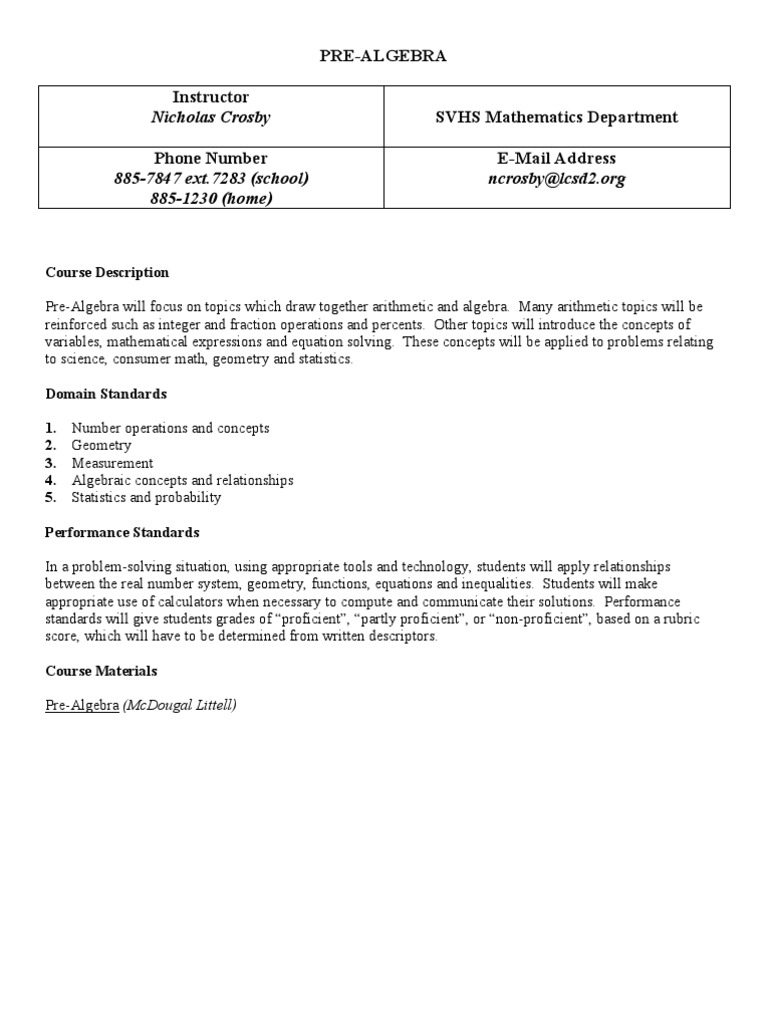 Pre Algebra Syllabus | Download Free PDF | Numbers | Teaching Mathematics