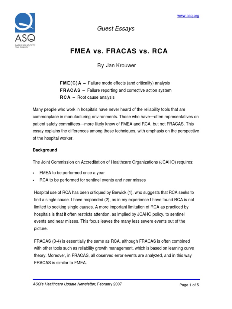 Fmea Vs Fracas Vs Rca | PDF | Joint Commission | Reliability Engineering