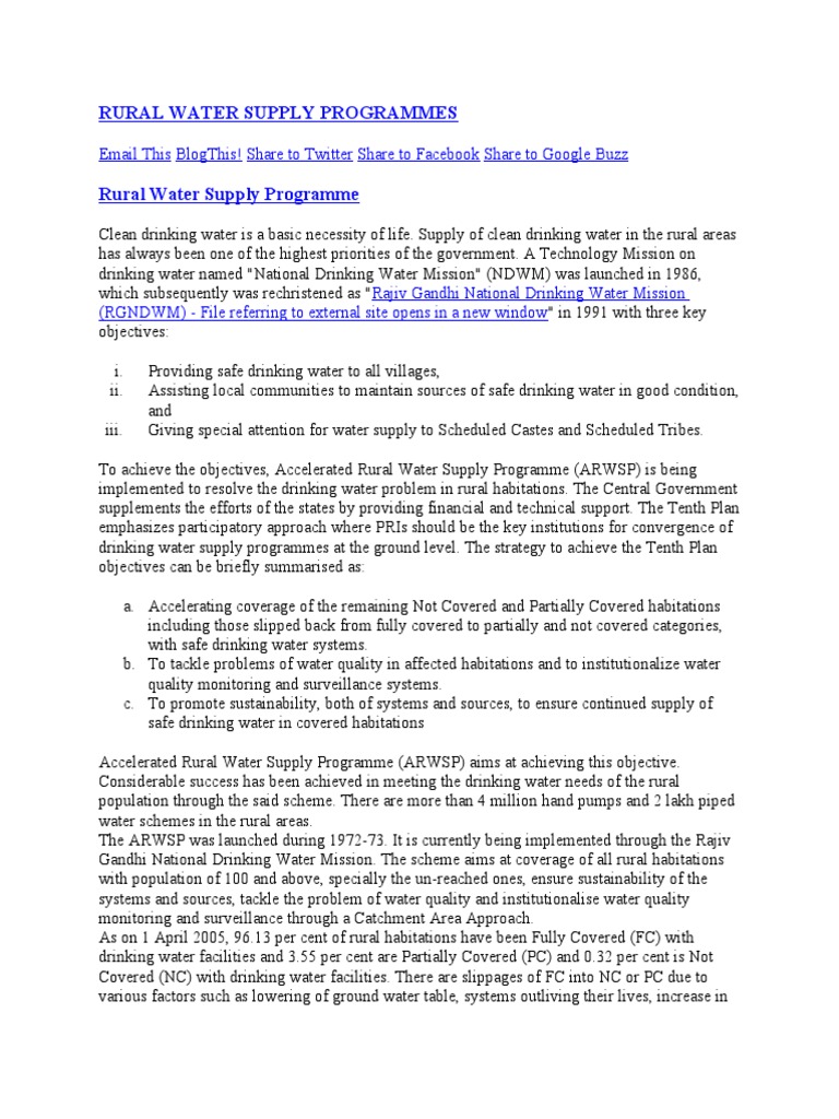 Rural Water Supply Programmes | PDF | Agriculture | Sanitation