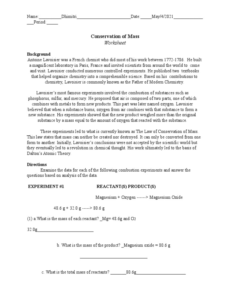 Conservation of Mass Worksheet | PDF | Oxygen | Chemistry