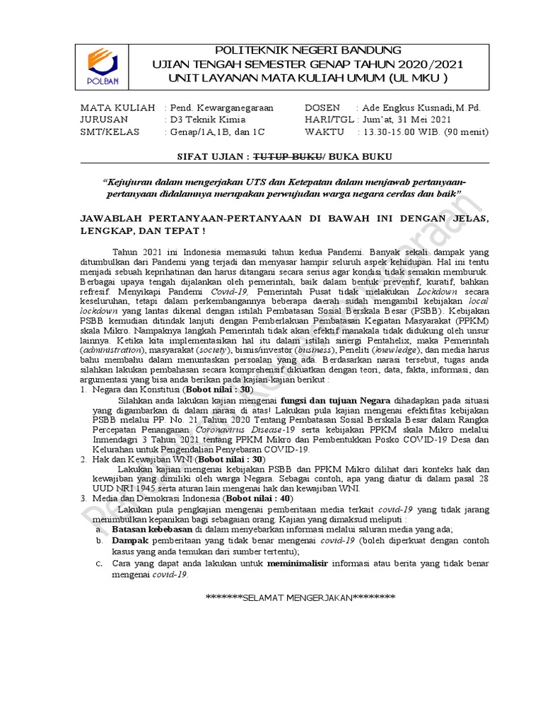 Soal UTS PKN D3 TKI Polban (Word) - Ade E. Salinan | PDF